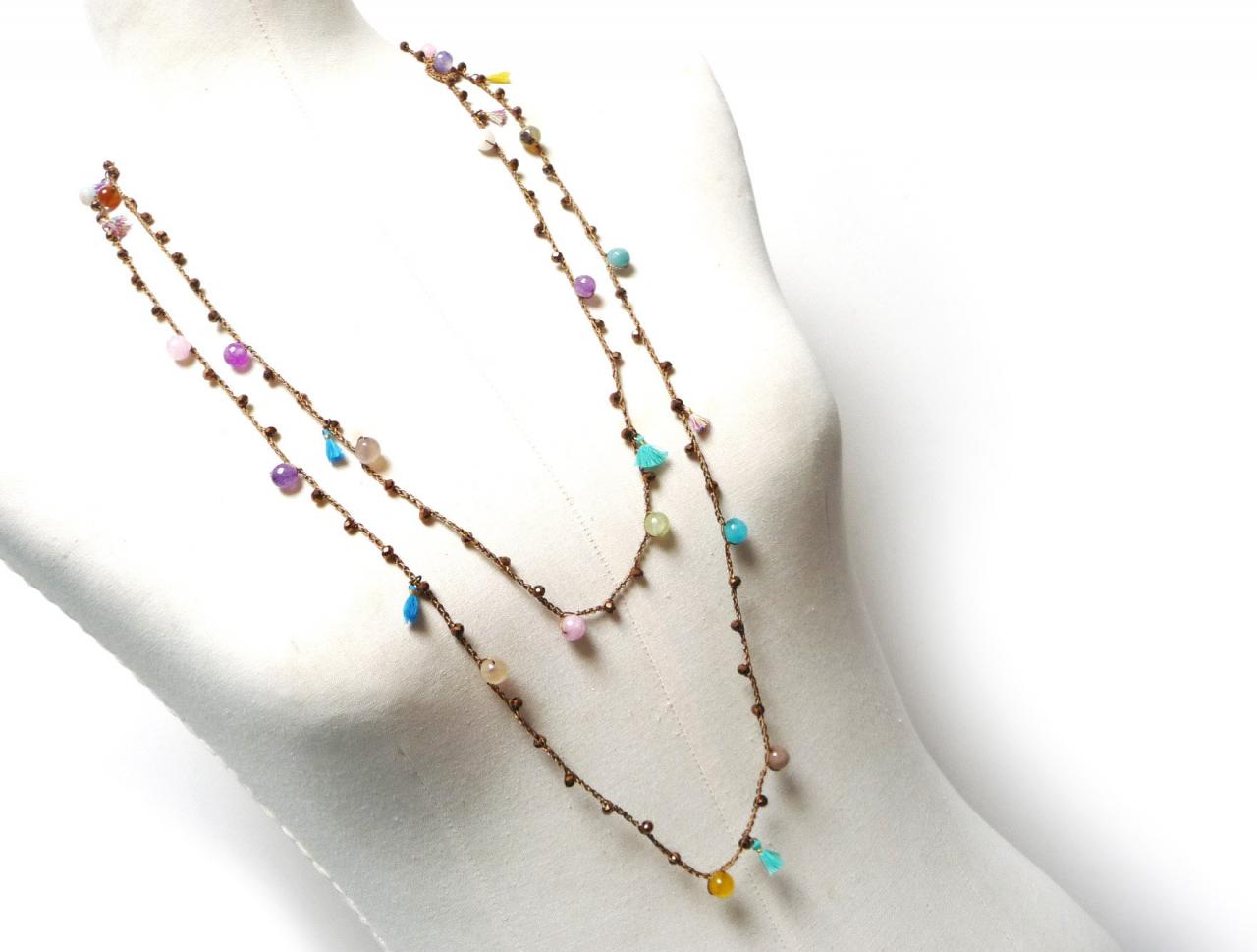 Long Boho Beaded Necklace With Gold Brass Crystals, Multicolor Gemstone ...